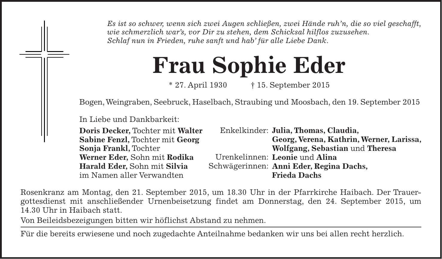 Traueranzeige Familienanzeigen / Todesanzeigen - idowa Markt